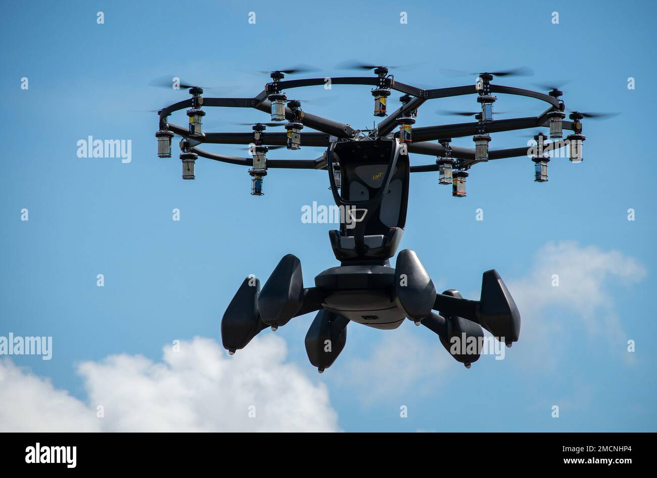 The Hexa, an electric, vertical takeoff and landing aircraft, hovers in ...