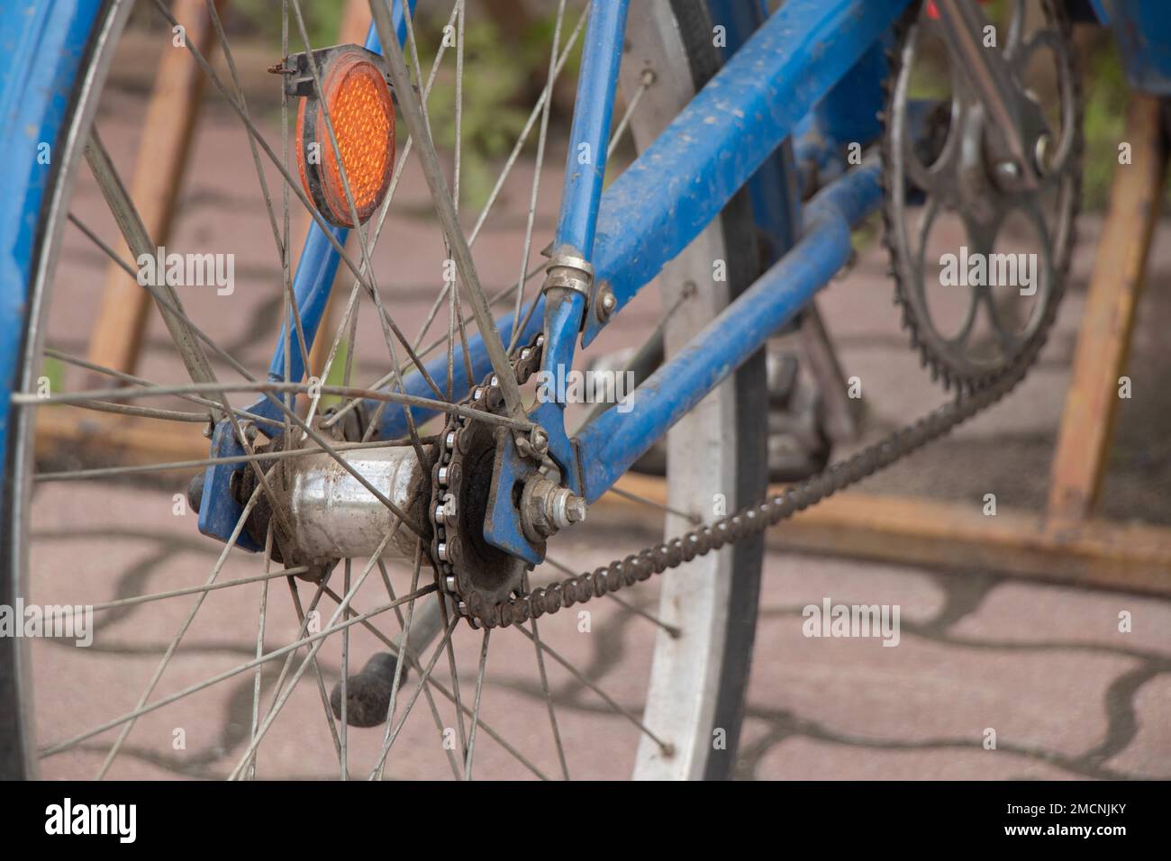 old blue bicycle stands in the yard close-up, retro bicycle Stock Photo ...