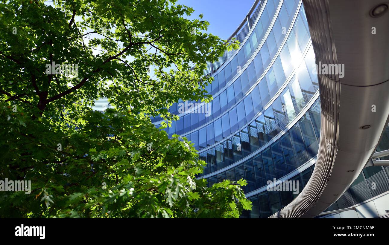 Modern glass facade against blue sky. Bottom view of a building in the ...