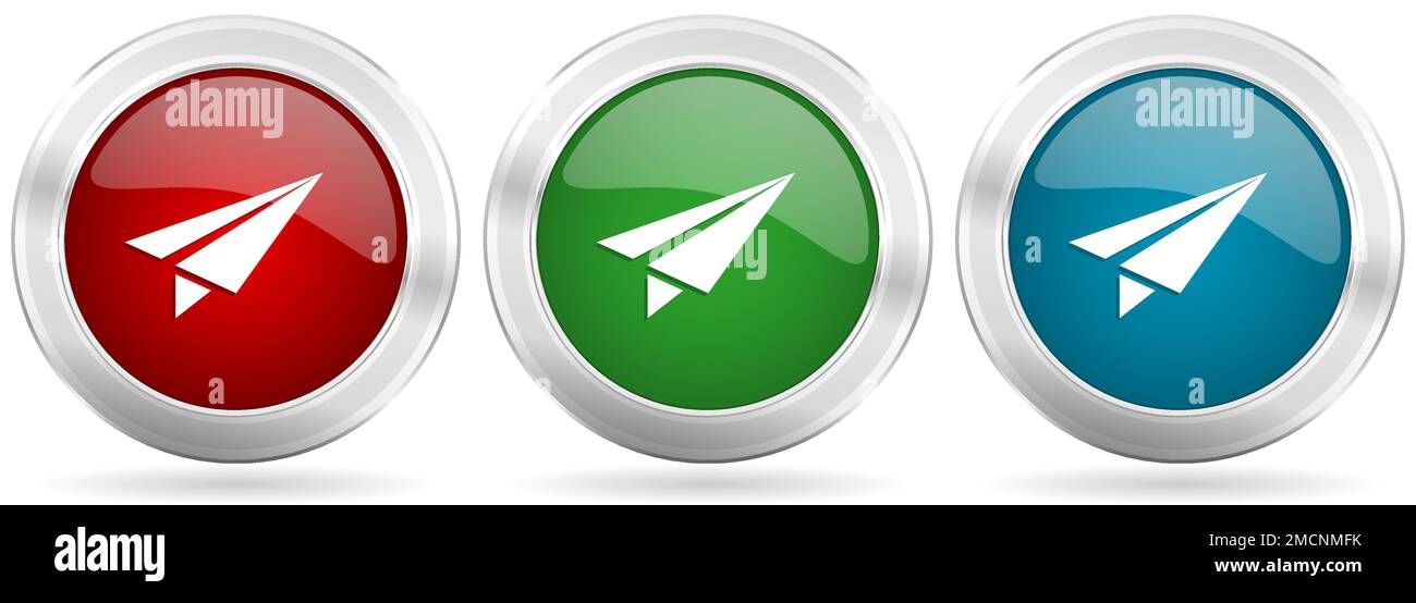 Paper plane, fly, flight, airplane vector icon set. Red, blue and green ...