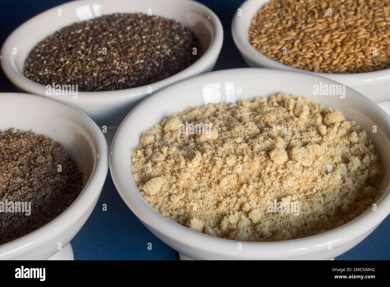 Close-up of a small plate filled with powdered golden flax seeds ...