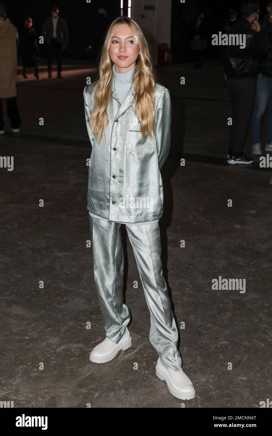 Lila Grace Moss Hack poses for photographers upon arrival at the Dior Men's fashion collection ...