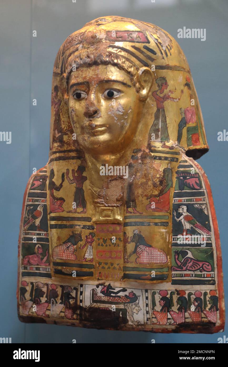 Egyptian gilded cartonnage mask of a young man called Mareis aged 21 at ...
