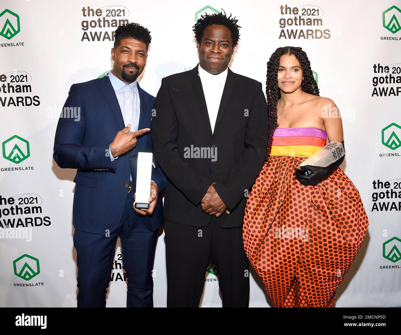 Deon Cole, left, Jeymes Samuel and Zazie Beetz pose backstage at the ...