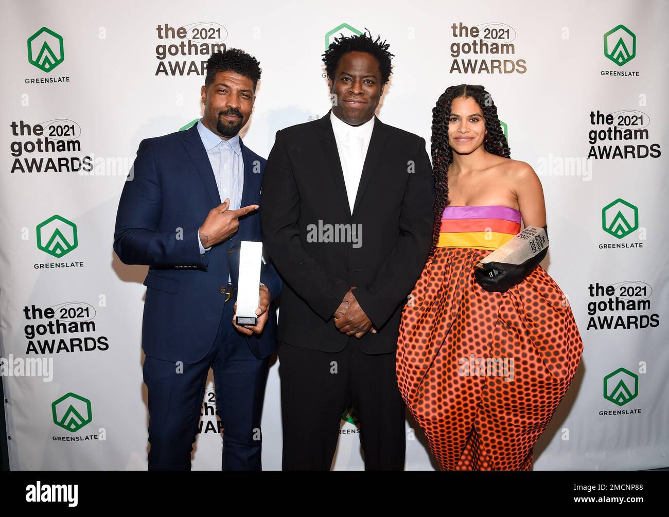 Deon Cole, left, Jeymes Samuel and Zazie Beetz pose backstage at the ...
