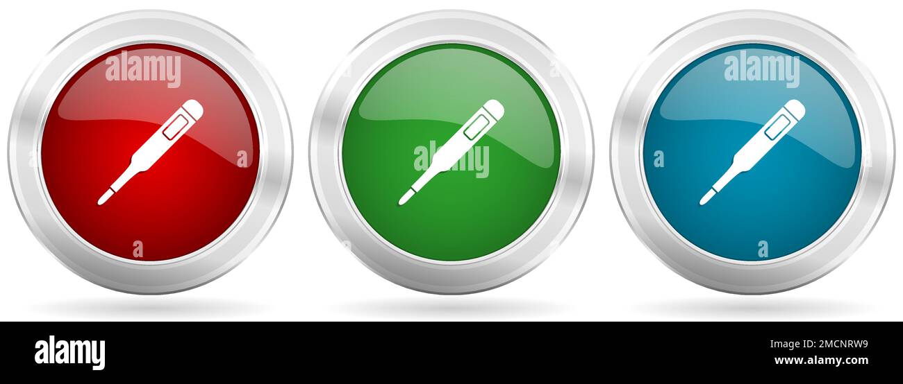 Electronic digital medical thermometer vector icon set. Red, blue and ...