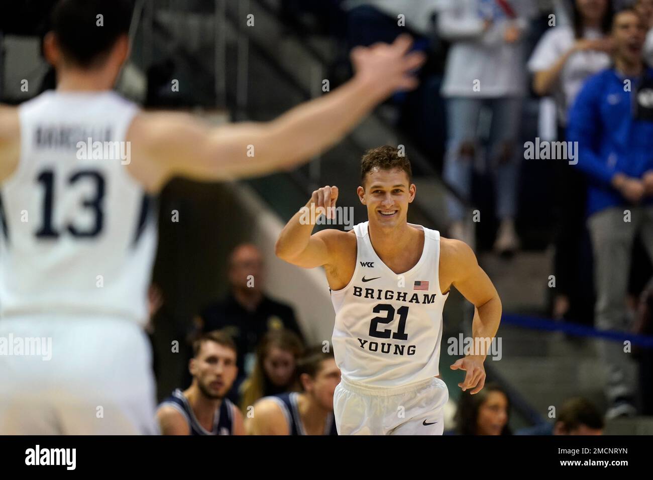 BYU guard Trevin Knell (21) celebrates after scoring a 3-pointer ...