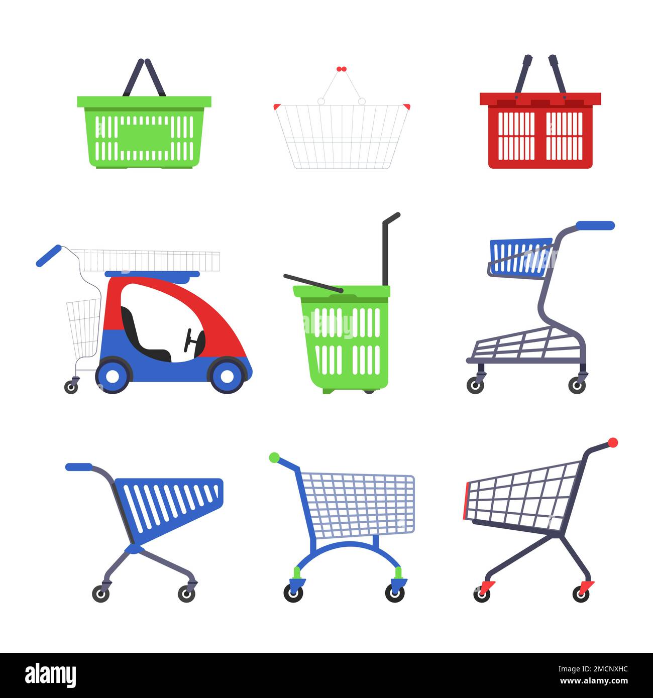 Supermarket cart or trolley and shopping basket isolated objects Stock ...