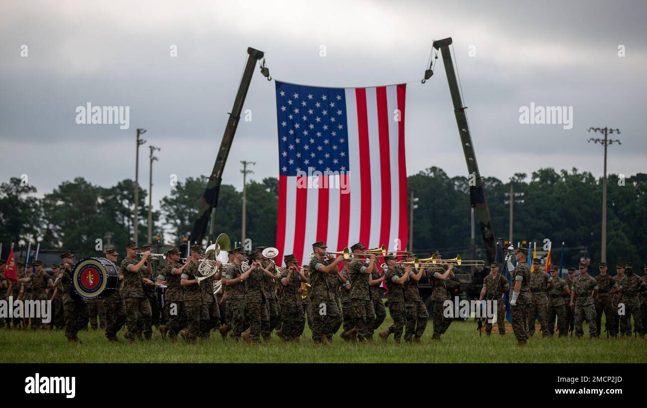 U.S. Marines with the 2d Marine Division Band march in formation at a ...