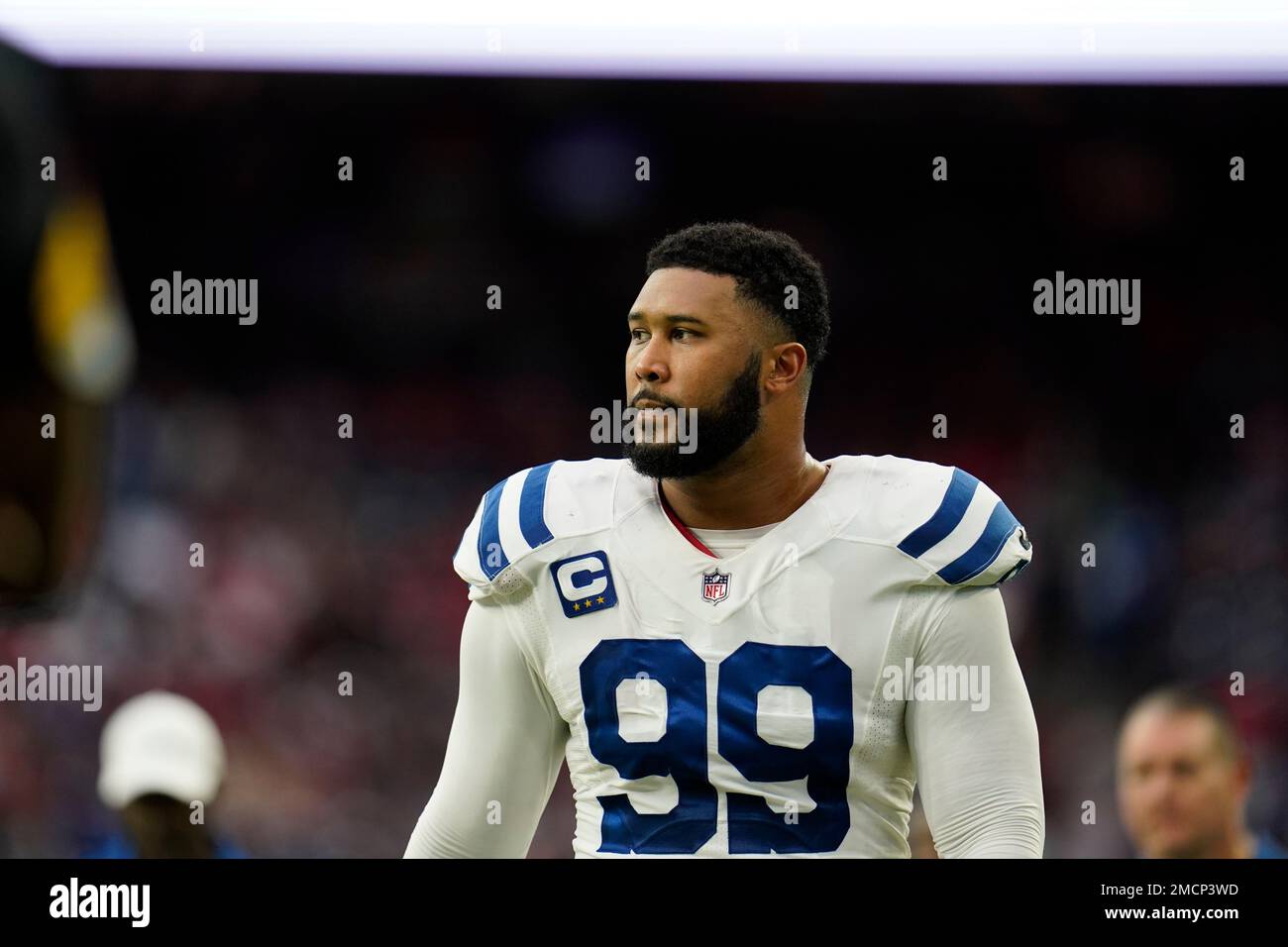 Indianapolis Colts defensive lineman DeForest Buckner (99) walks off the field at halftime ...