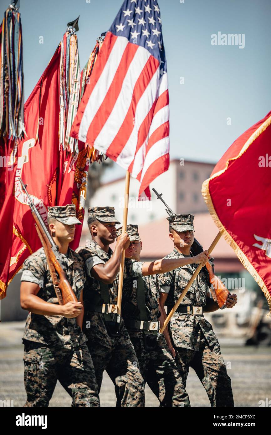 The 1st Marine Division Color Guard marches in a pass in review during ...