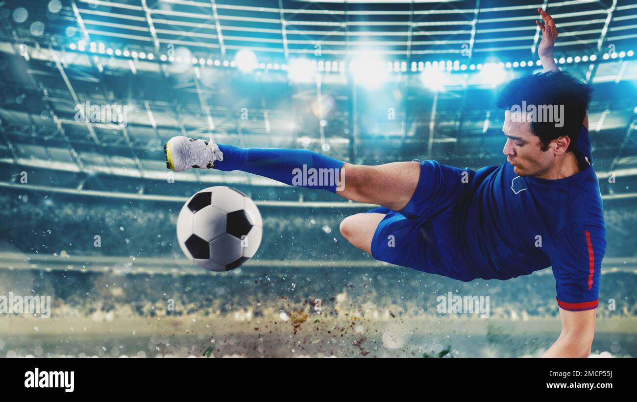 Close up of a football action scene with soccer player kicks a ...