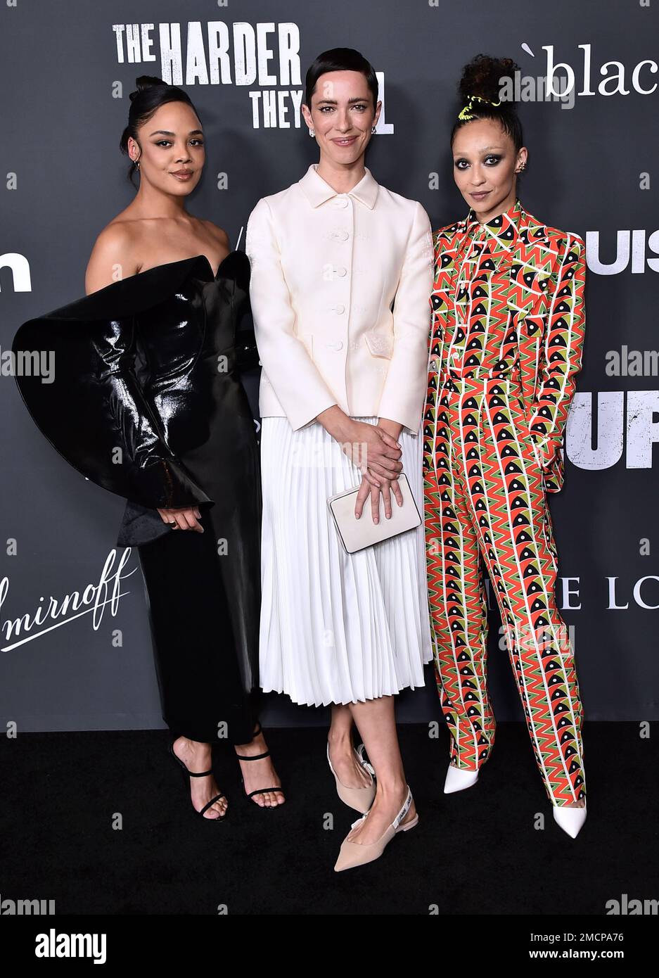 From left, Tessa Thompson, Rebecca Hall, and Ruth Negga arrive at the ...
