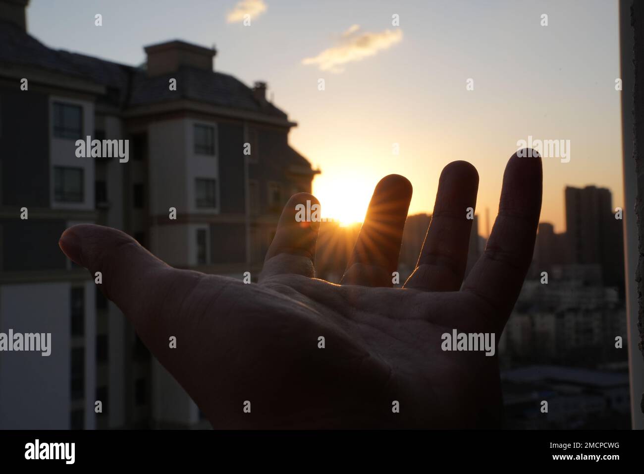 A closeup of a hand leaning towards the light coming from the sun ...