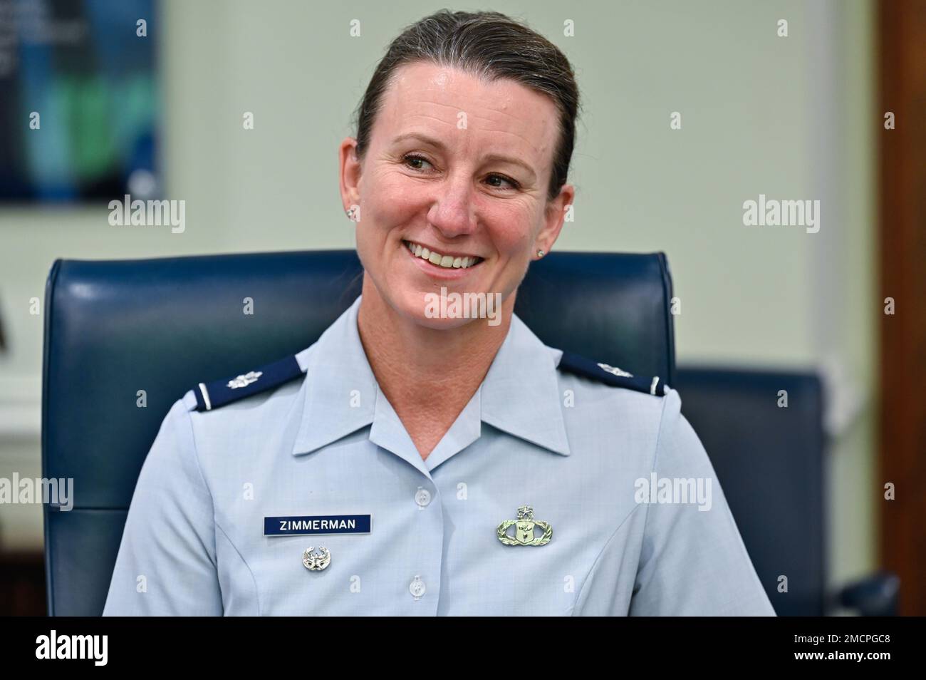 Lt. Col. Sarah Zimmerman speaks with Senior Airman Gabrielle DeQuire ...