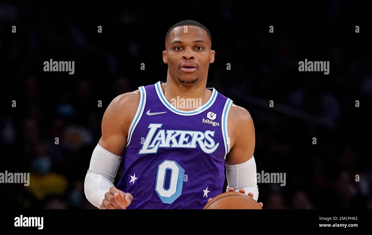 Los Angeles Lakers guard Russell Westbrook (0) controls the ball during ...