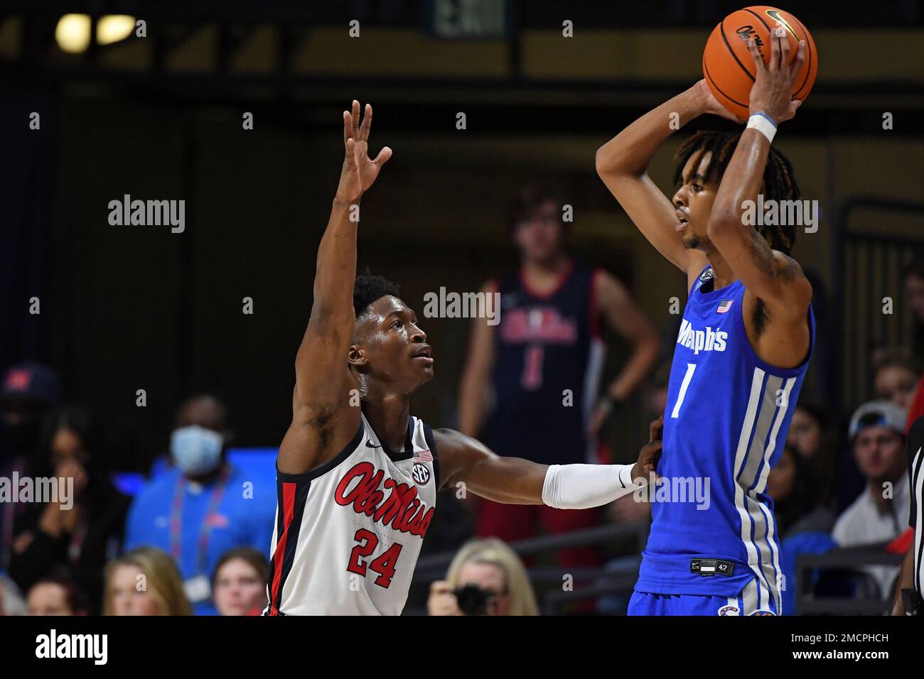 Mississippi guard Jarkel Joiner (24) guards Memphis forward Emoni Bates ...
