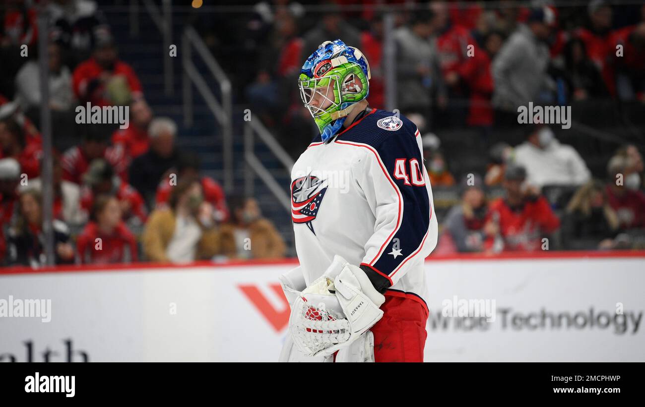 Columbus Blue Jackets goaltender Daniil Tarasov (40) looks on during ...