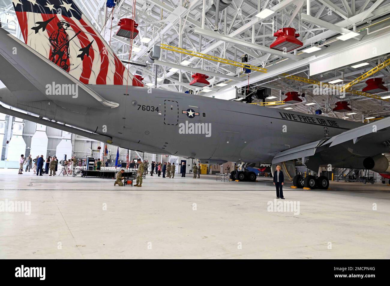 Sen. Maggie Hassan stands before the "Spirit of Portsmouth," a KC-46A ...