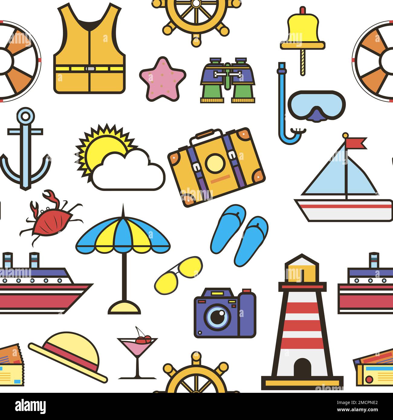Summer items vacation and holidays seamless pattern traveling and ...