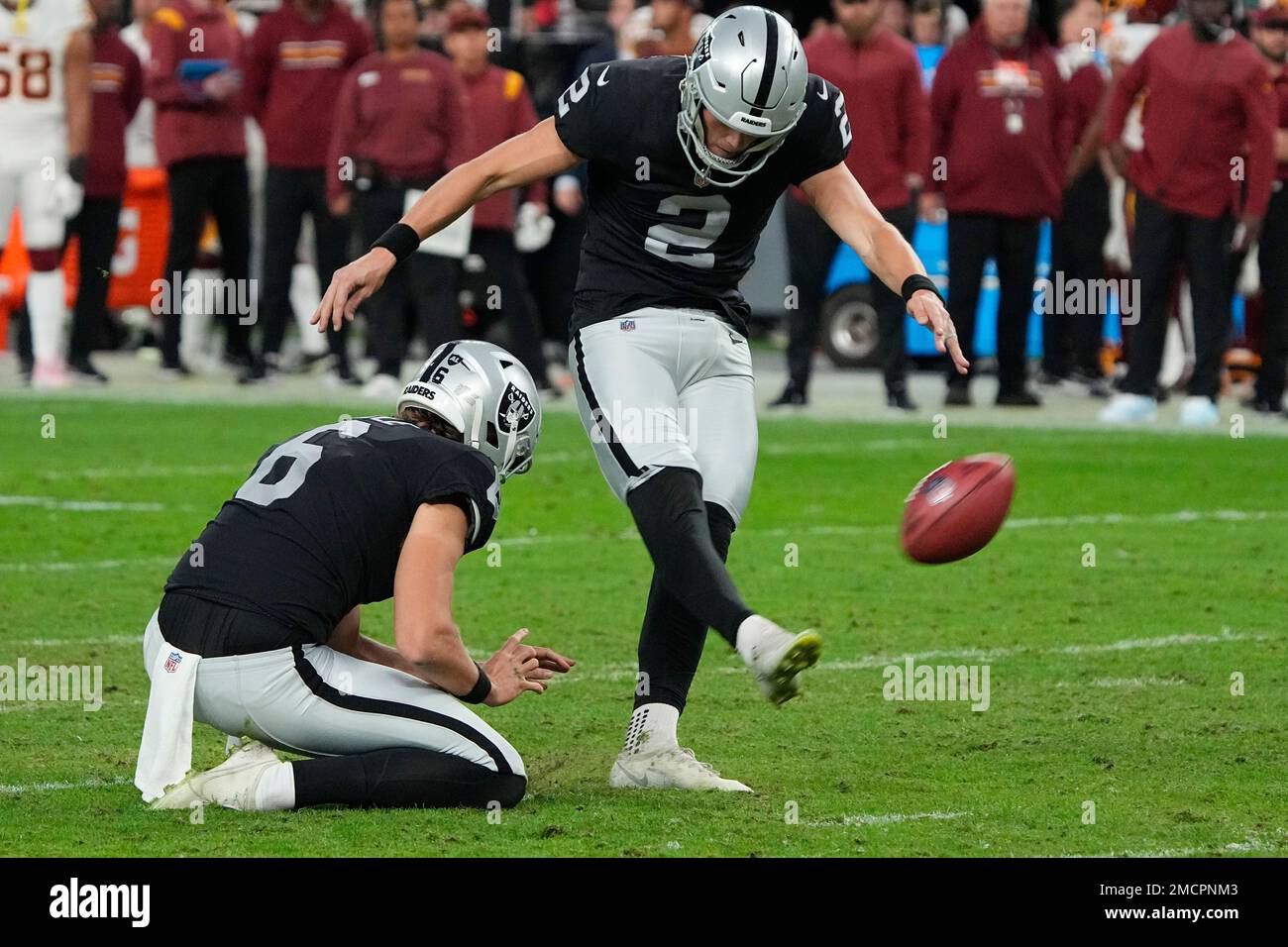 Las Vegas Raiders kicker Daniel Carlson (2) kicks a field goal during ...