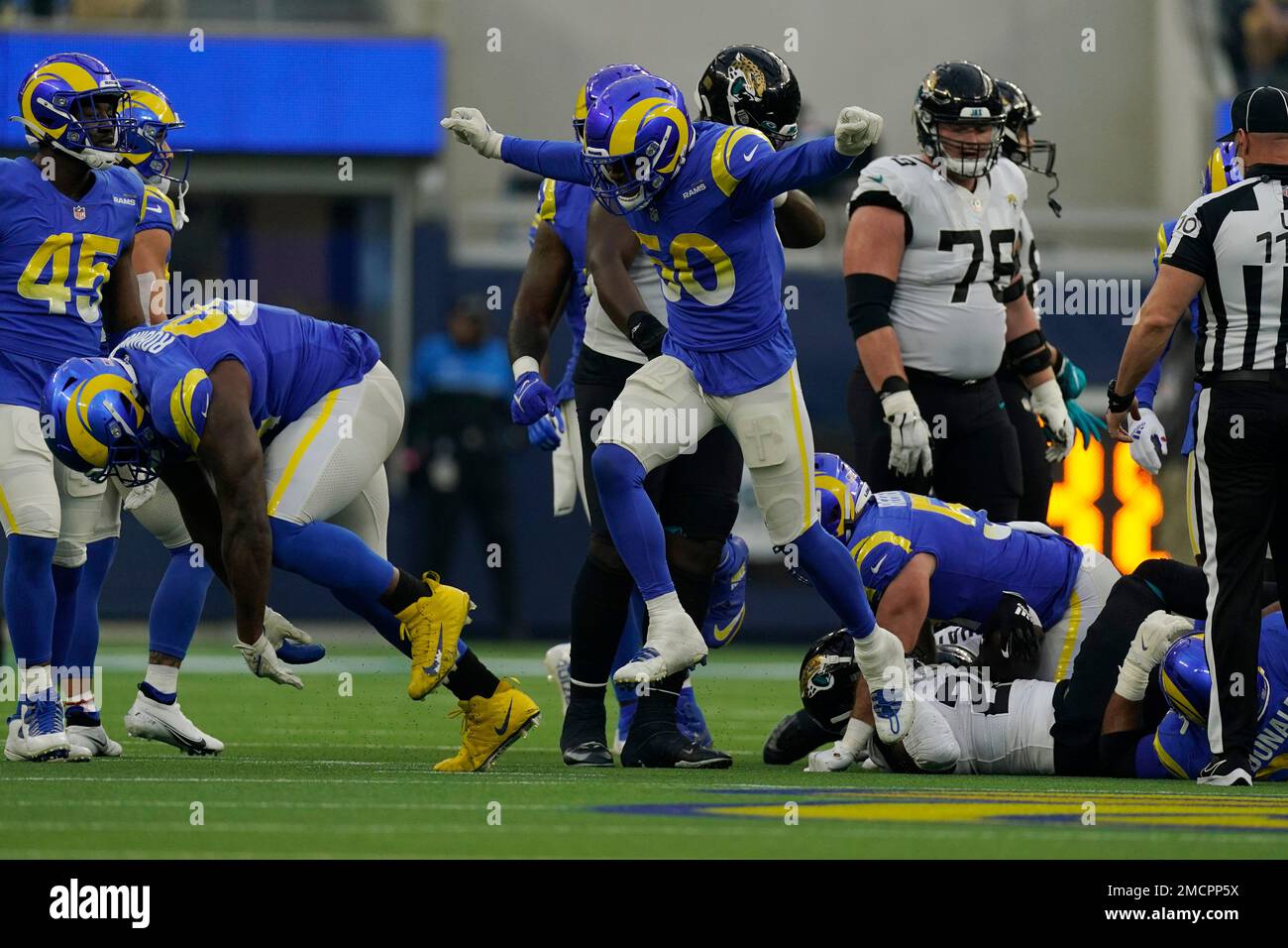 Los Angeles Rams inside linebacker Ernest Jones (50) reacts after a ...