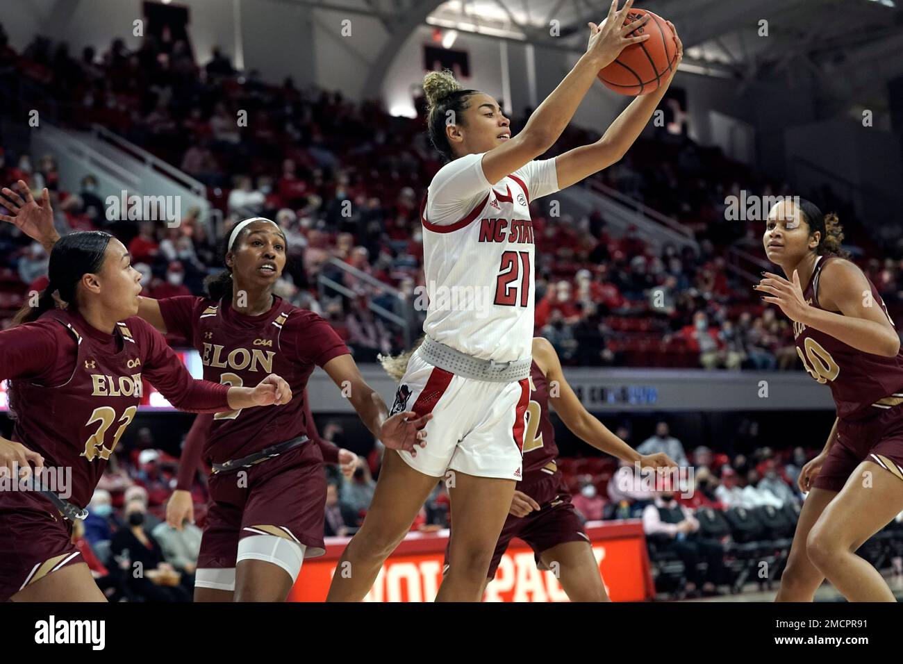North Carolina State guard Madison Hayes (21) grabs a rebound against ...