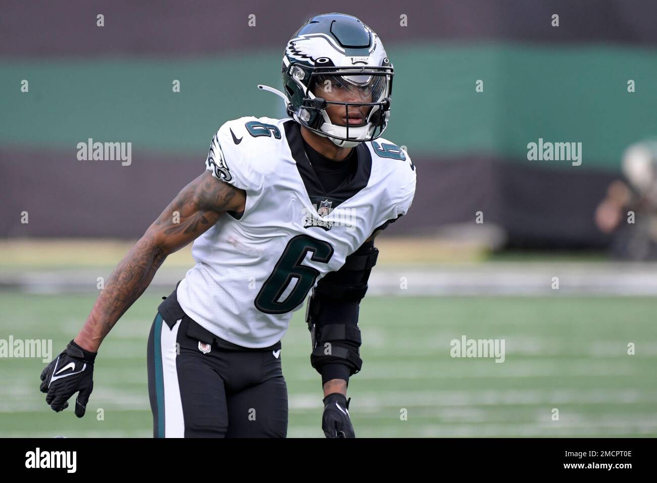 Philadelphia Eagles wide receiver DeVonta Smith sets up for a play ...