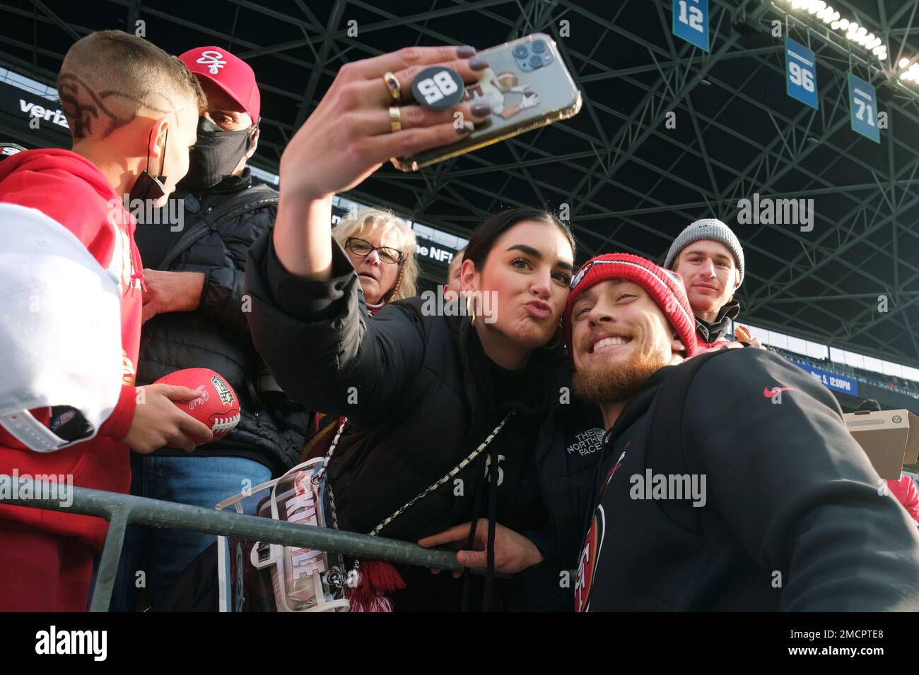 San Francisco 49ers tight end George Kittle poses for a selfie with his ...