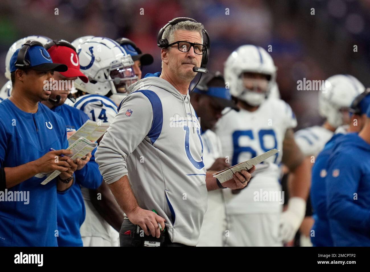 Indianapolis Colts head coach Frank Reich, center, watches from the ...