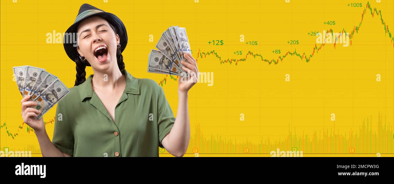 Web banner of stock market trading. Portrait of a happy screaming ...