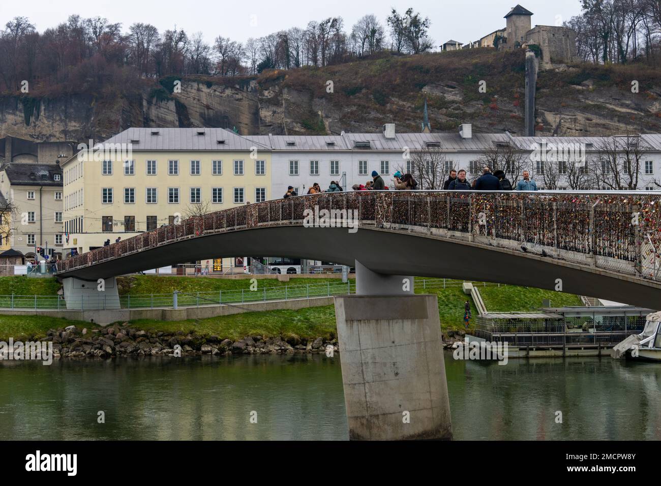 Bridge with Love Locks over Salzach River , Salzburg, Austria Stock ...