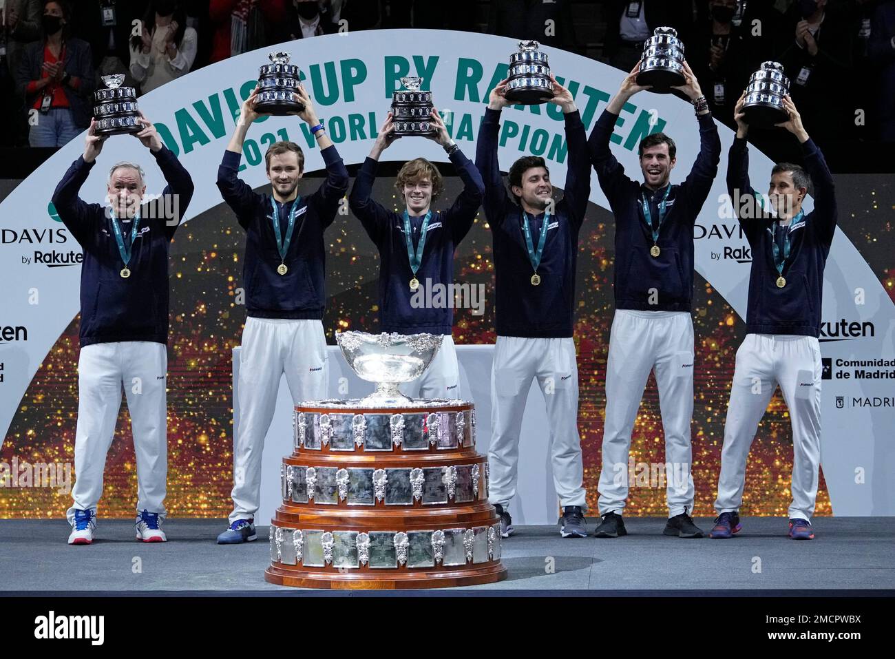 The Russian Tennis Federation team celebrate with the trophy after ...