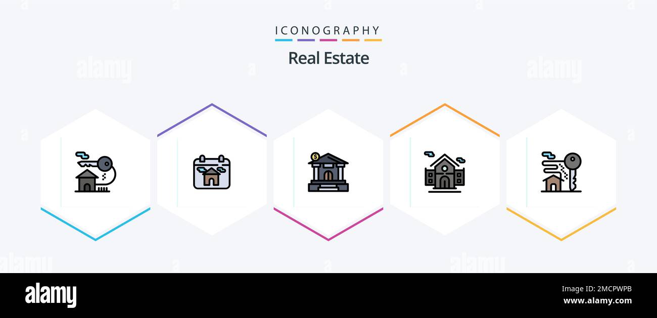 Real Estate 25 FilledLine icon pack including room. home. bank. school ...