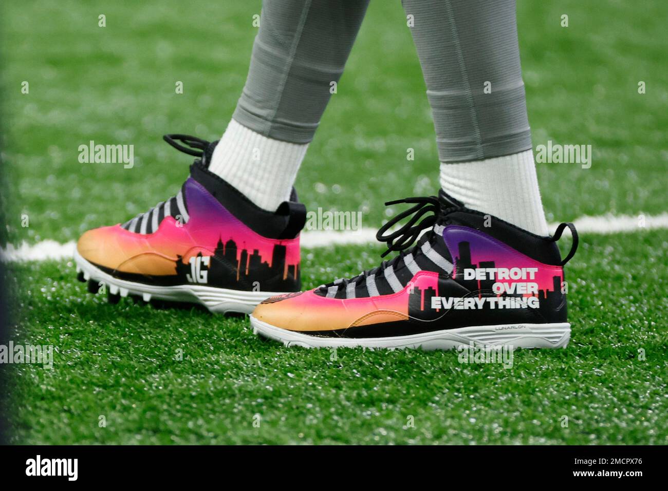 Cleats of Detroit Lions quarterback Jared Goff (16) during warm ups ...