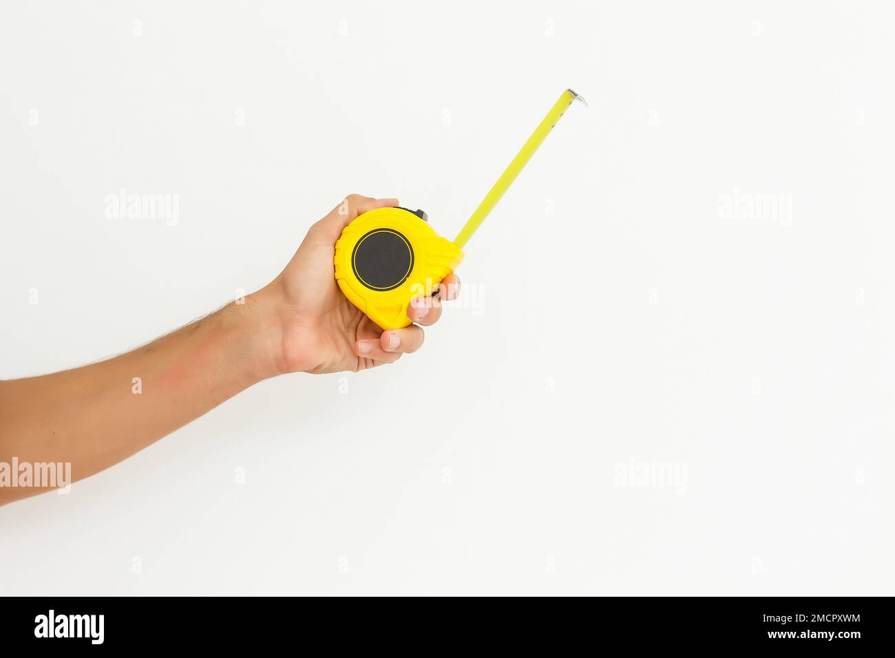 human hand with tape-measure isolated on white Stock Photo - Alamy