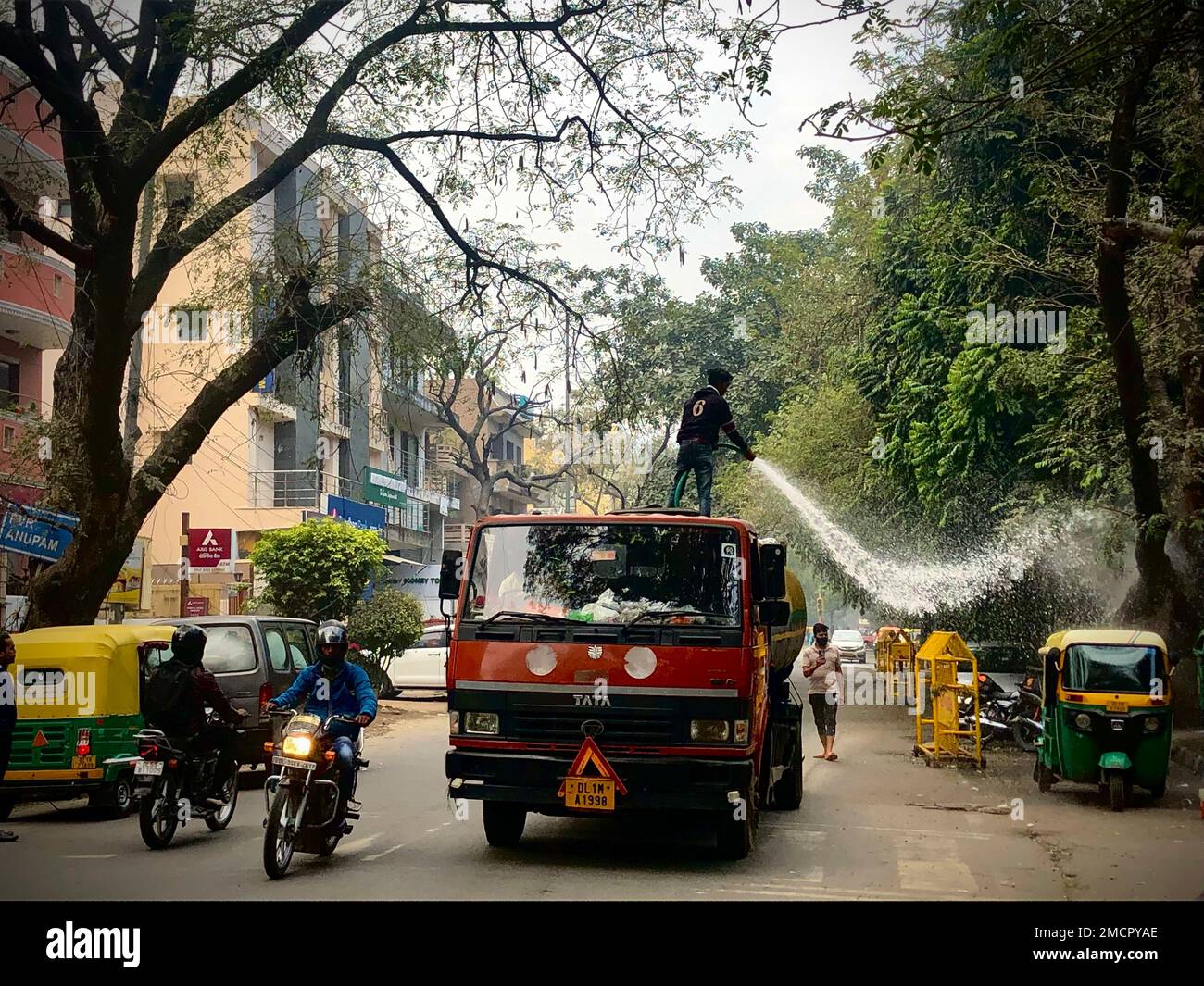 A municipal worker sprays water on roadside trees as part of efforts to ...