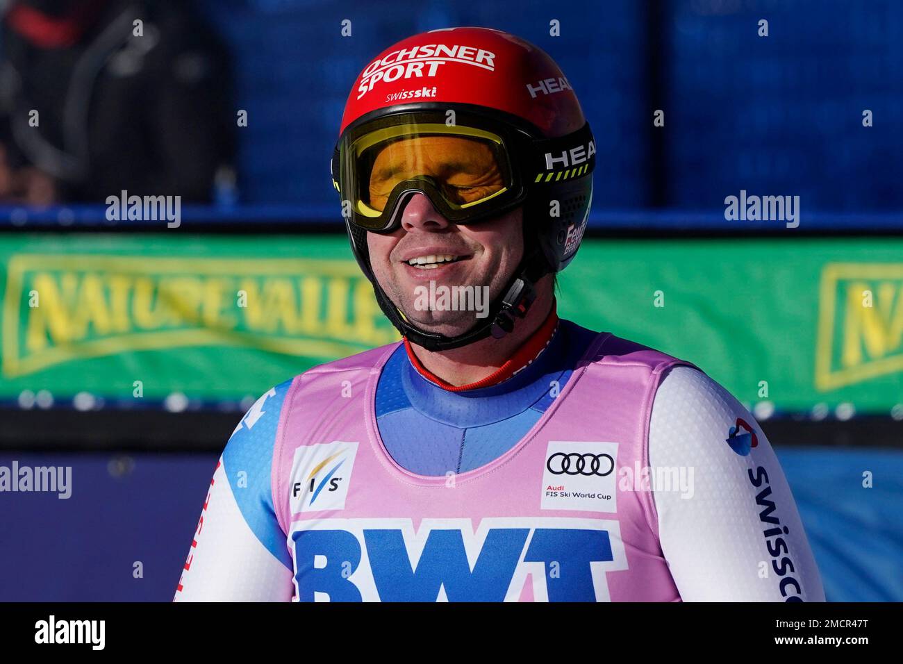 Switzerland's Beat Feuz reacts after finishing his run during a men's ...