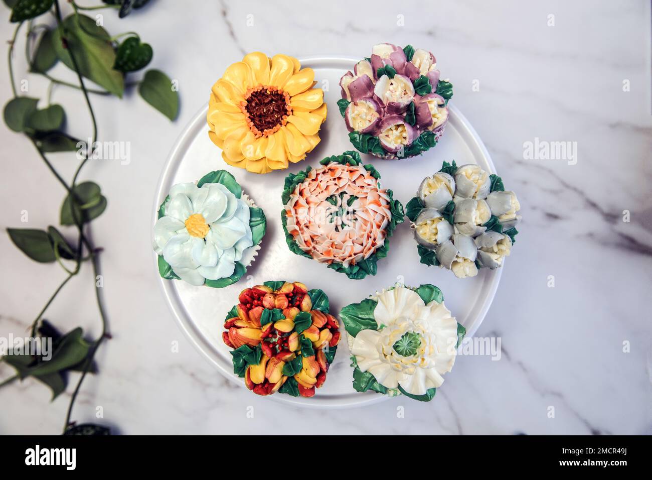 Various cupcakes decorated with colorful flower icing on white cupcake ...