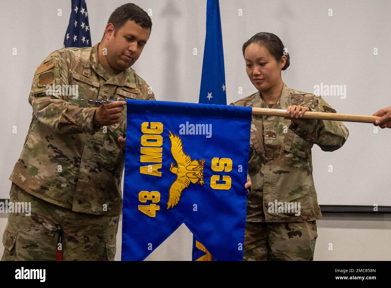 U.S. Air Force Maj. Linlin Liou assumes command of the 43rd Communications Squadron from Col ...