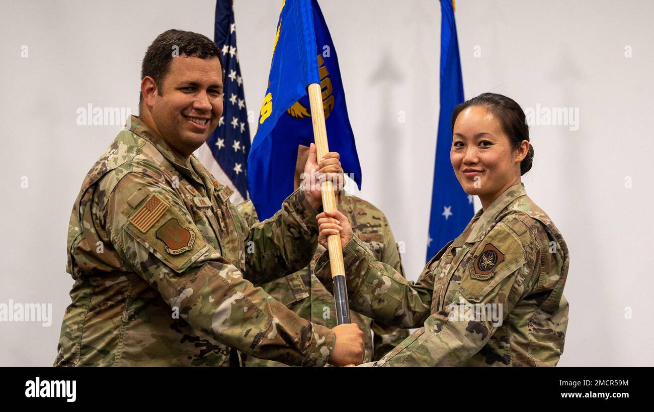 U.S. Air Force Maj. Linlin Liou assumes command of the 43rd Communications Squadron from Col ...