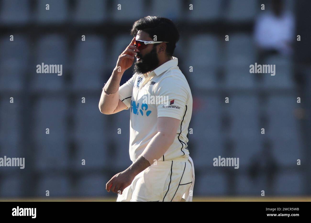 New Zealand's Ajaz Patel looks on during the day two of their second ...