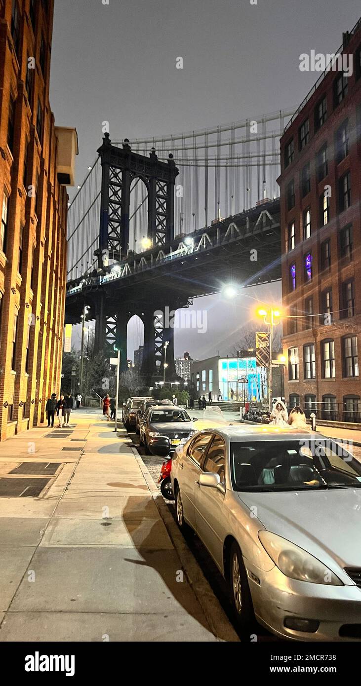 The Manhattan Bridge View at night from Dumbo view spot, New York City ...