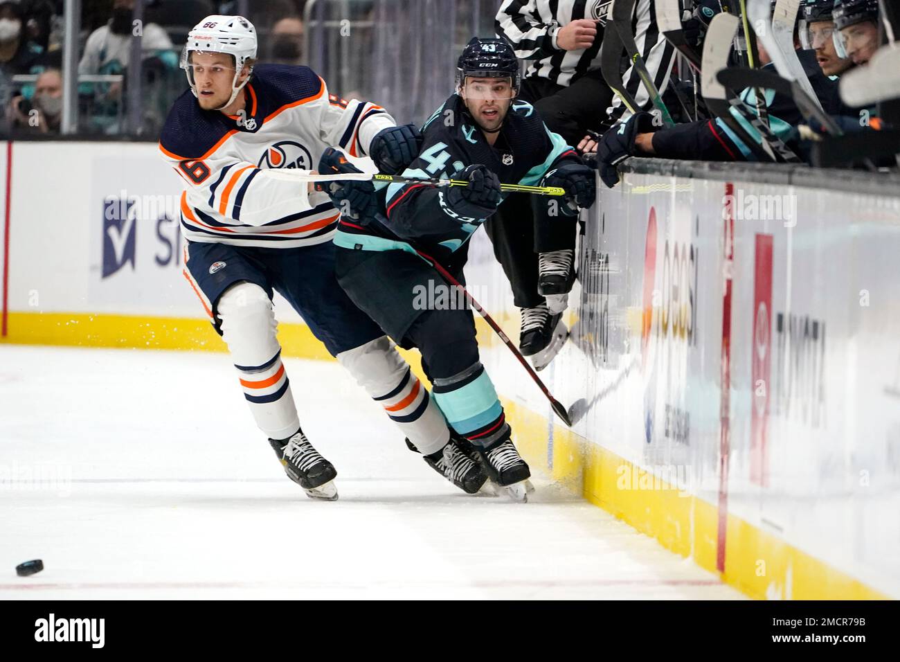 Edmonton Oilers defenseman Philip Broberg (86) collides with Seattle ...