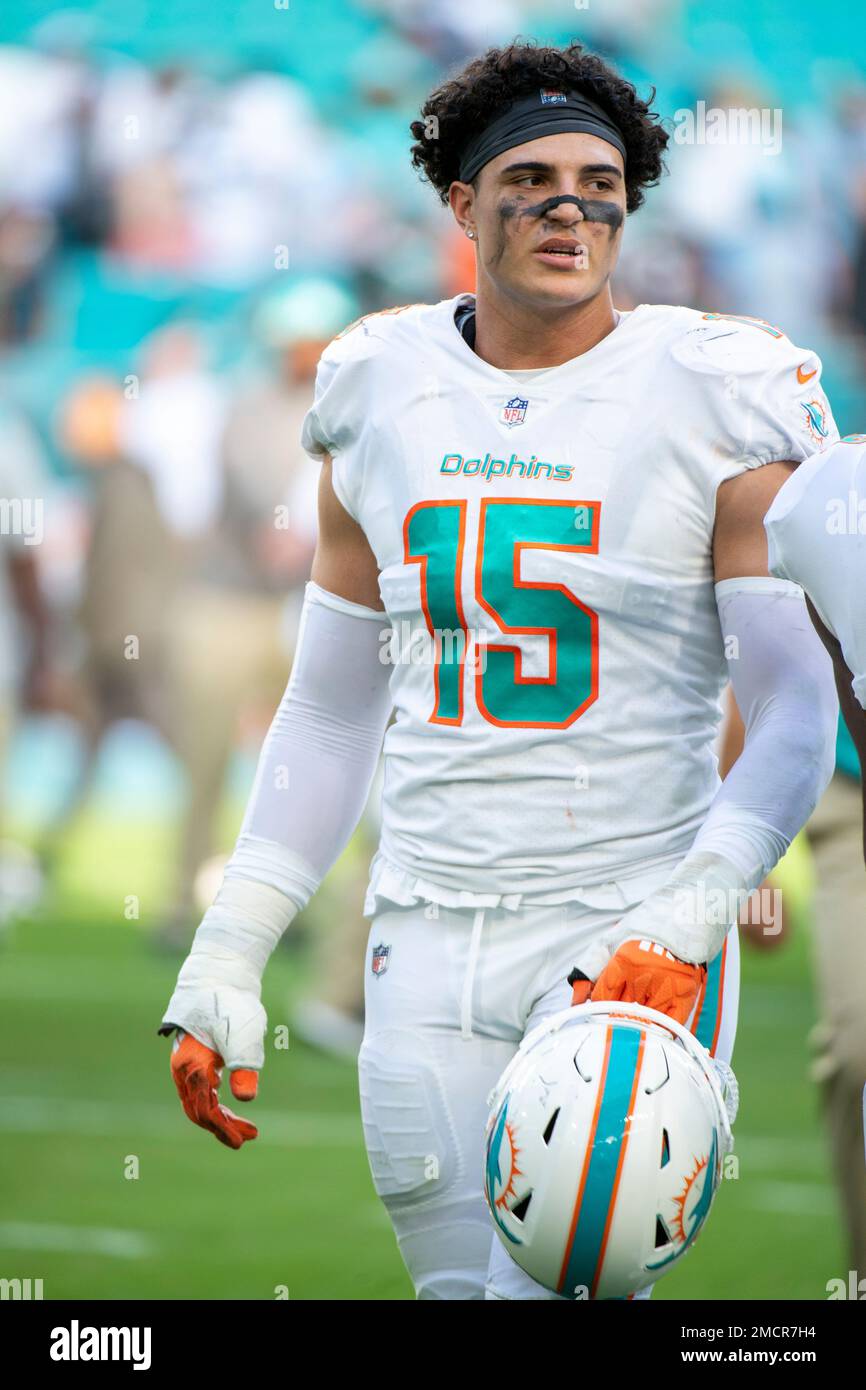 Miami Dolphins linebacker Jaelan Phillips (15) walks off of the field ...