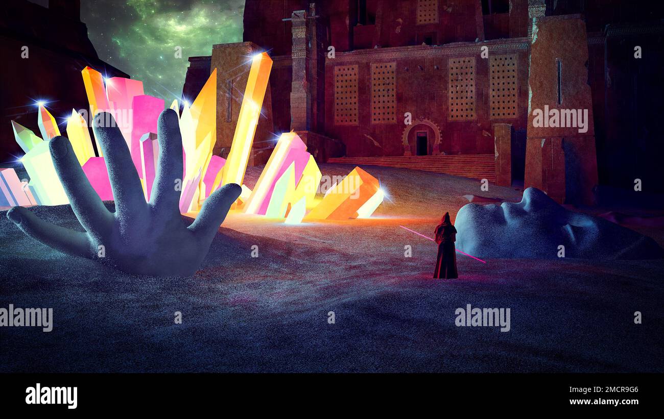 Fantasy landscape, sci-fi, post apocalyptic. Statue of a hand coming ...