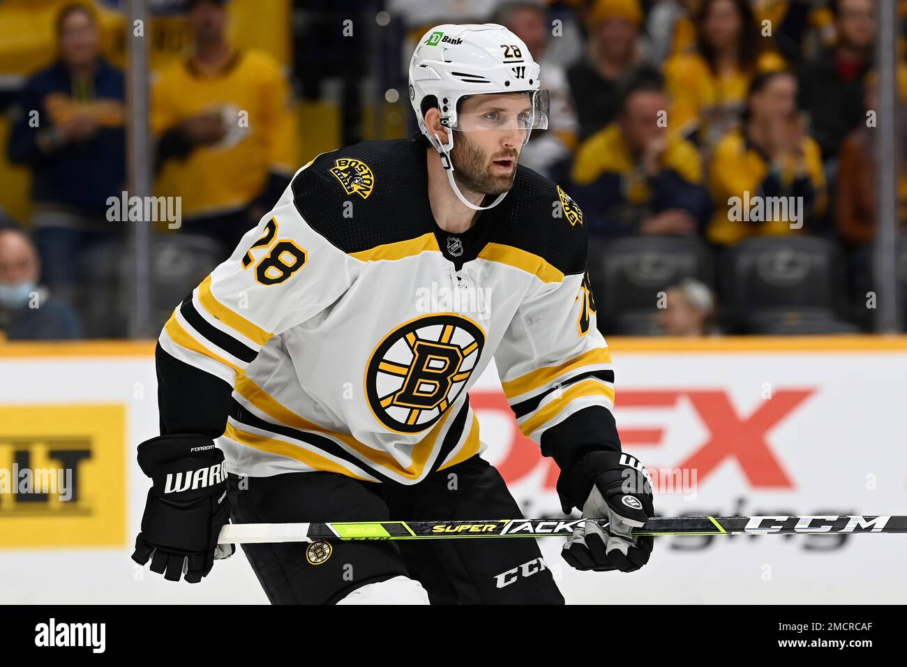 Boston Bruins defenseman Derek Forbort (28) plays against the Nashville ...