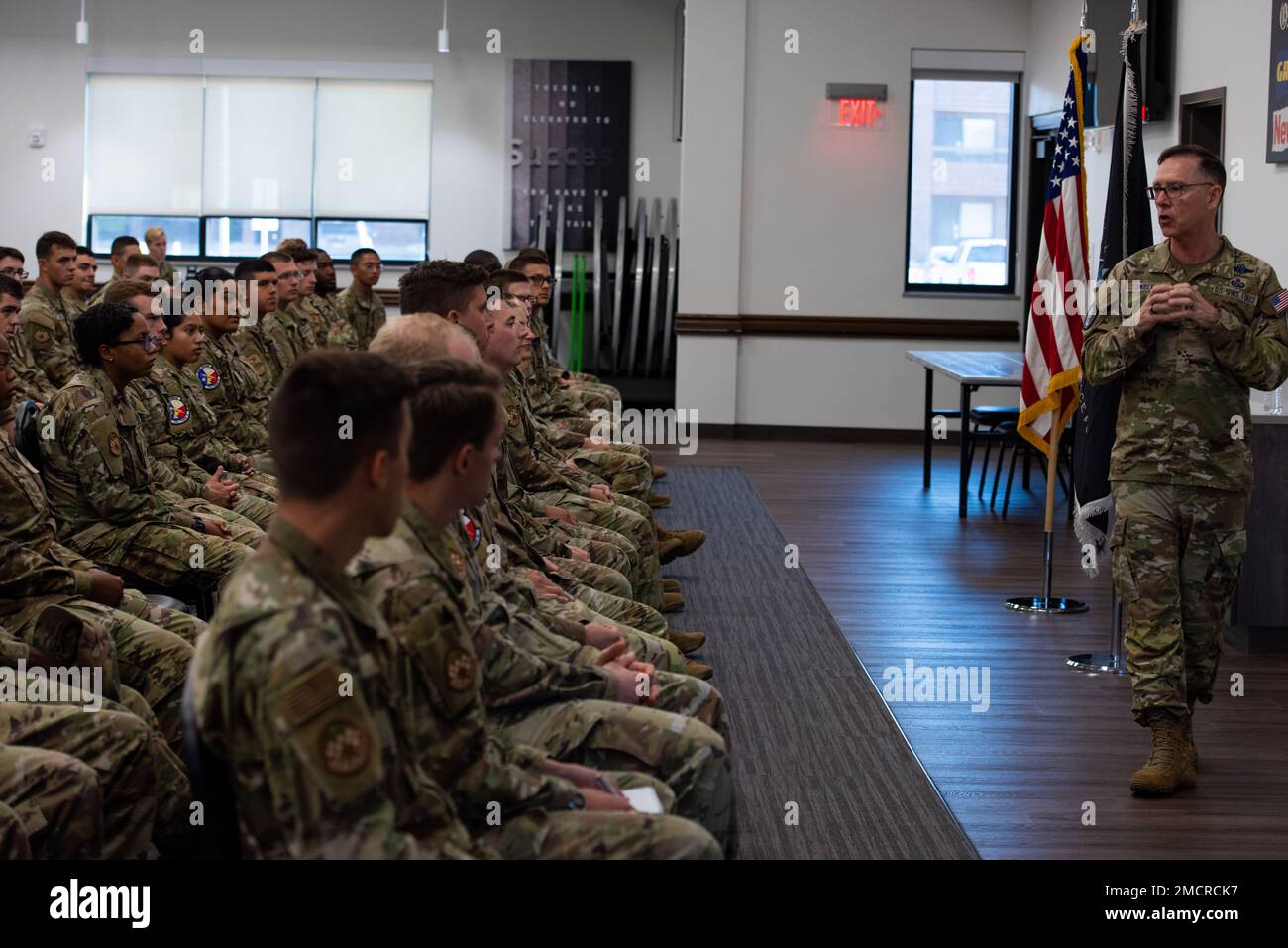 Chief Master Sergeant of the Space Force Roger A. Towberman speaks to a ...