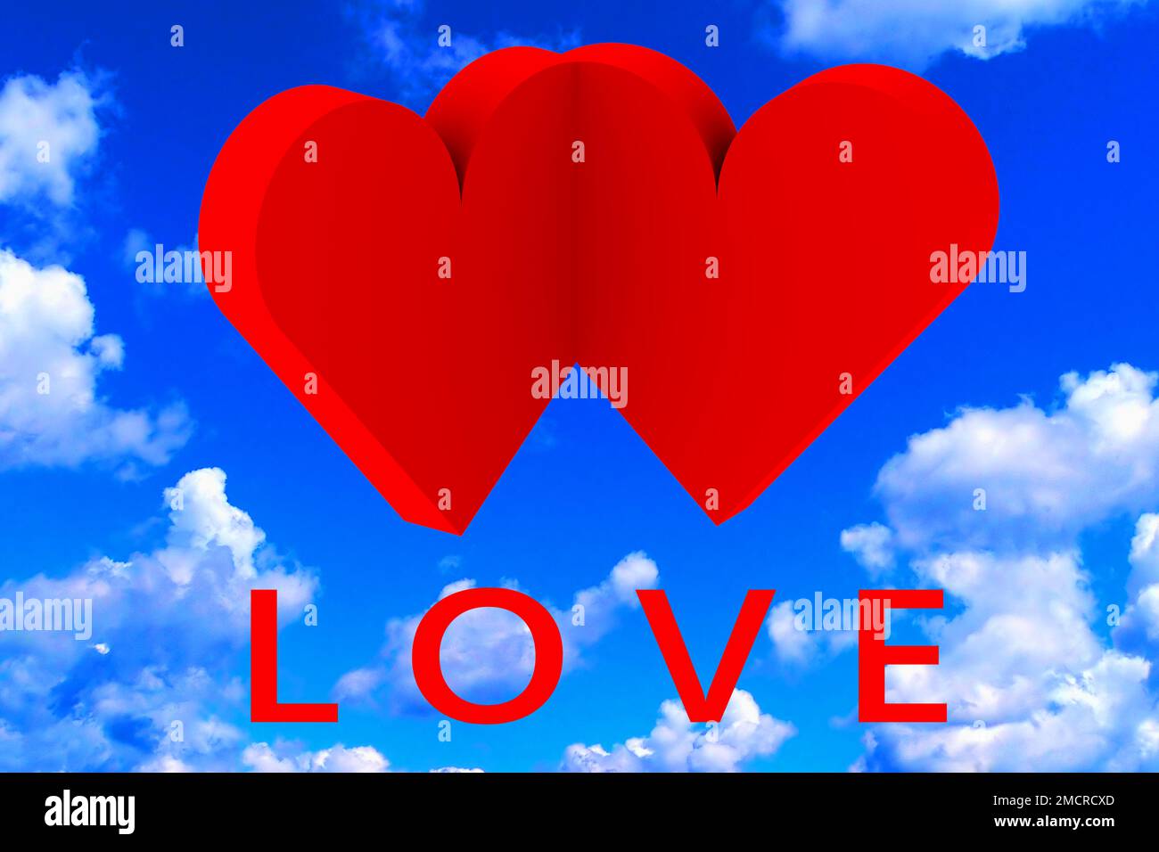 Two red hearts that meet, the hearts of lovers touch forever. On sky ...