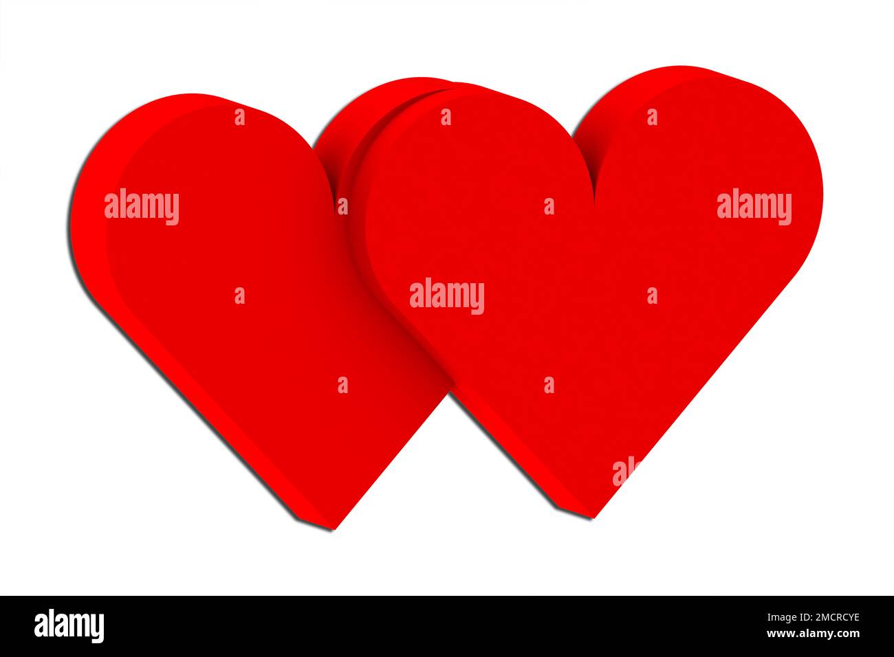 Love, two red hearts that meet, hearts side by side forever. On white ...